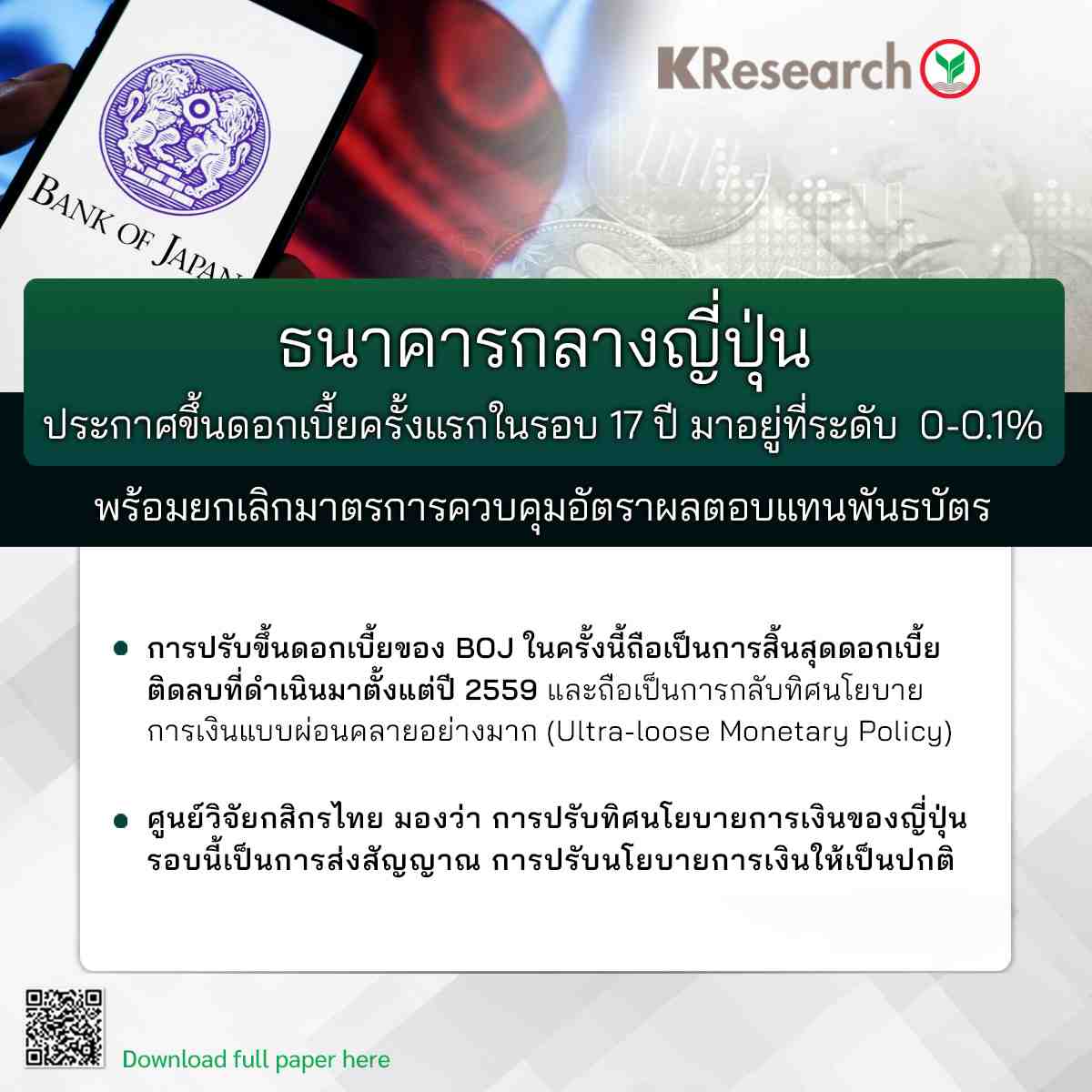 ธนาคารกลางญี่ปุ่นประกาศขึ้นดอกเบี้ยครั้งแรกในรอบ 17 ปี มาอยู่ที่ระดับ 0